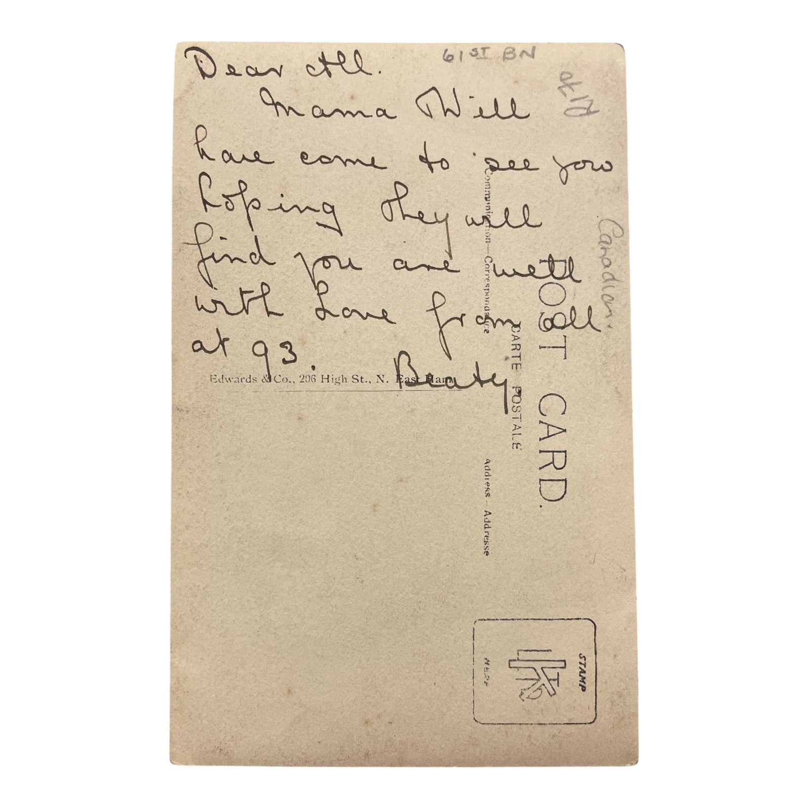 WW1 era Postcard with 61st Battalion Soldier – Marway Militaria Inc ...