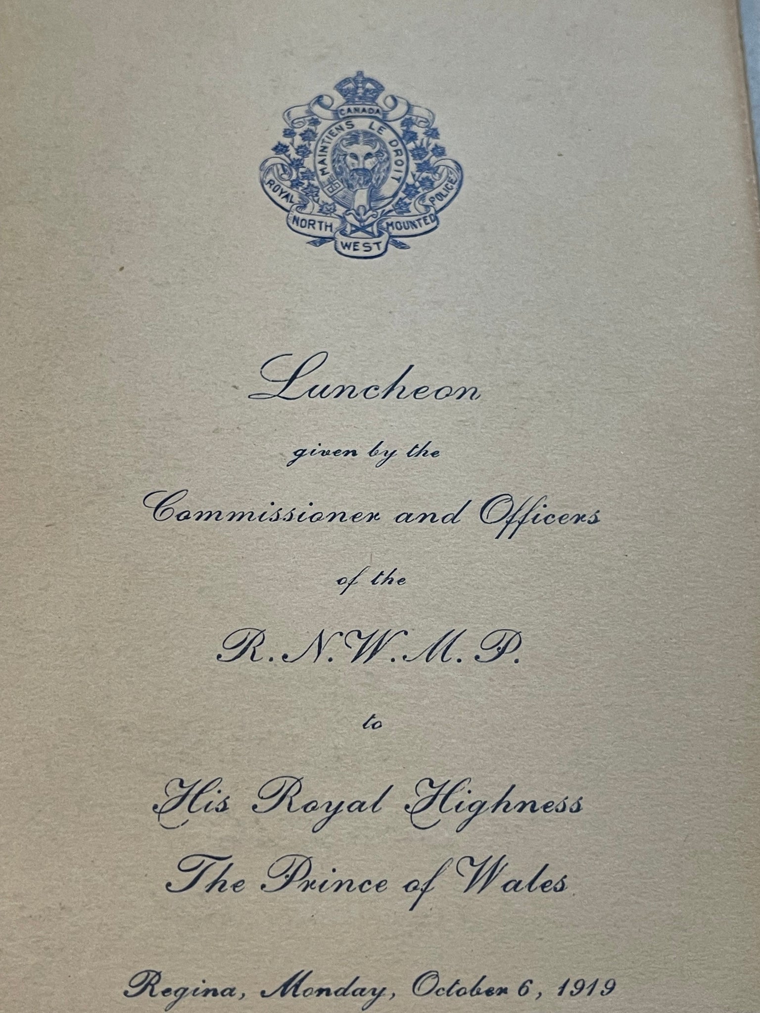 RNWMP Luncheon Menu for HRH Prince of Wales, 1919 – Marway Militaria ...