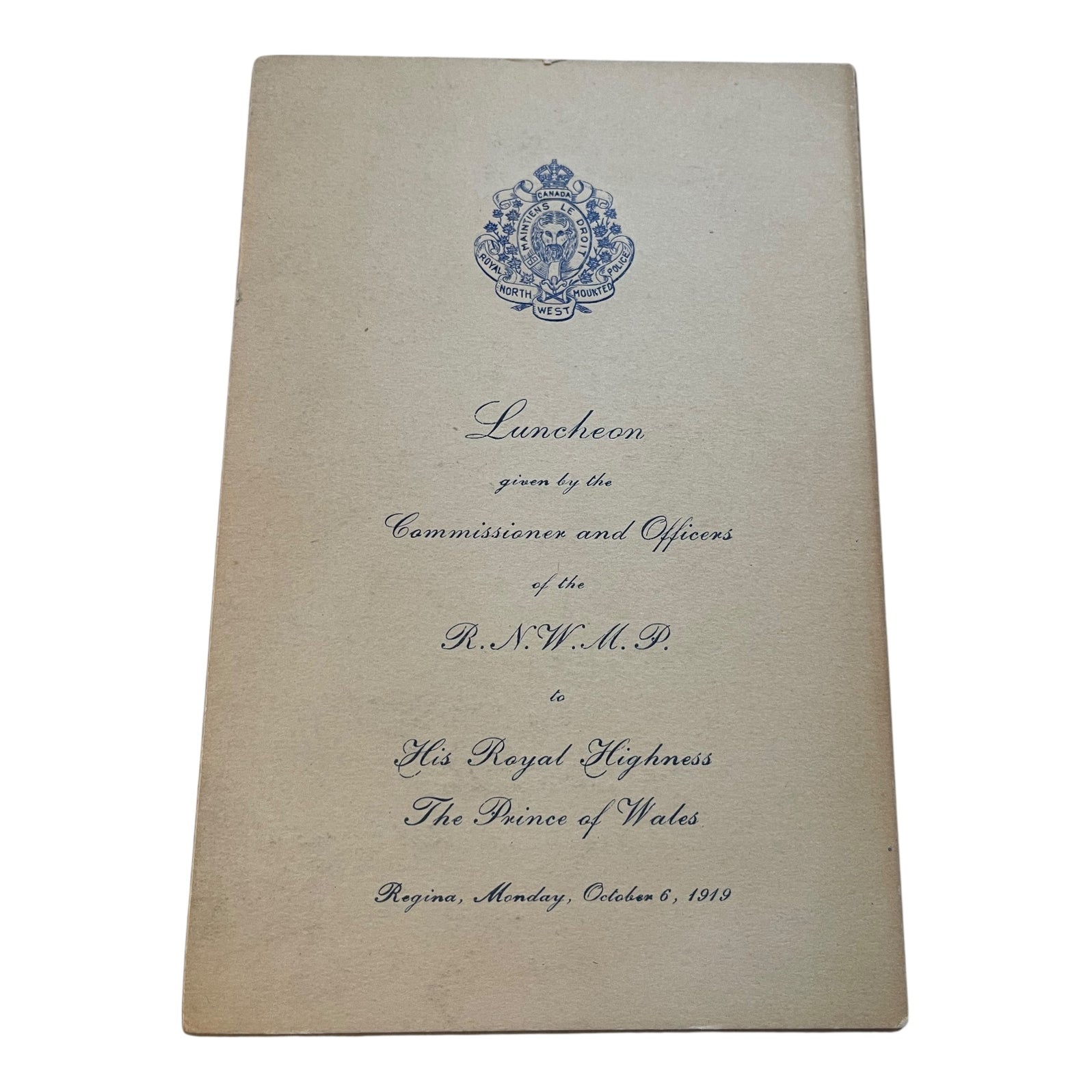 RNWMP Luncheon Menu for HRH Prince of Wales, 1919 – Marway Militaria ...