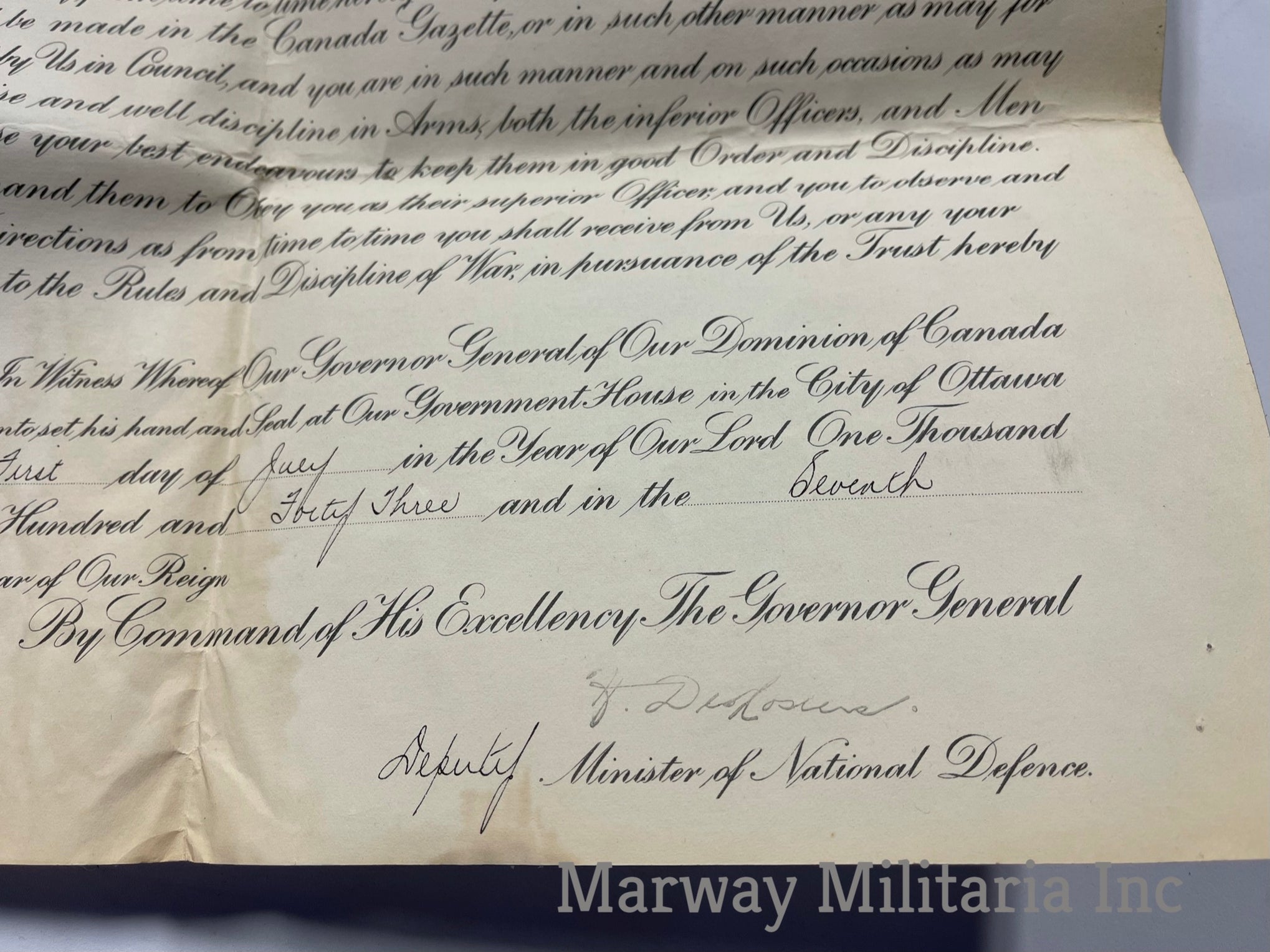 Geo VI Commission Scroll Warren Ellis Fetterly, Canadian Armoured Corp ...